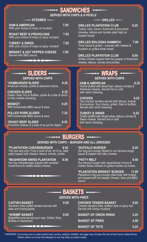 Plantation Pub menu in Nashville, Tennessee, USA