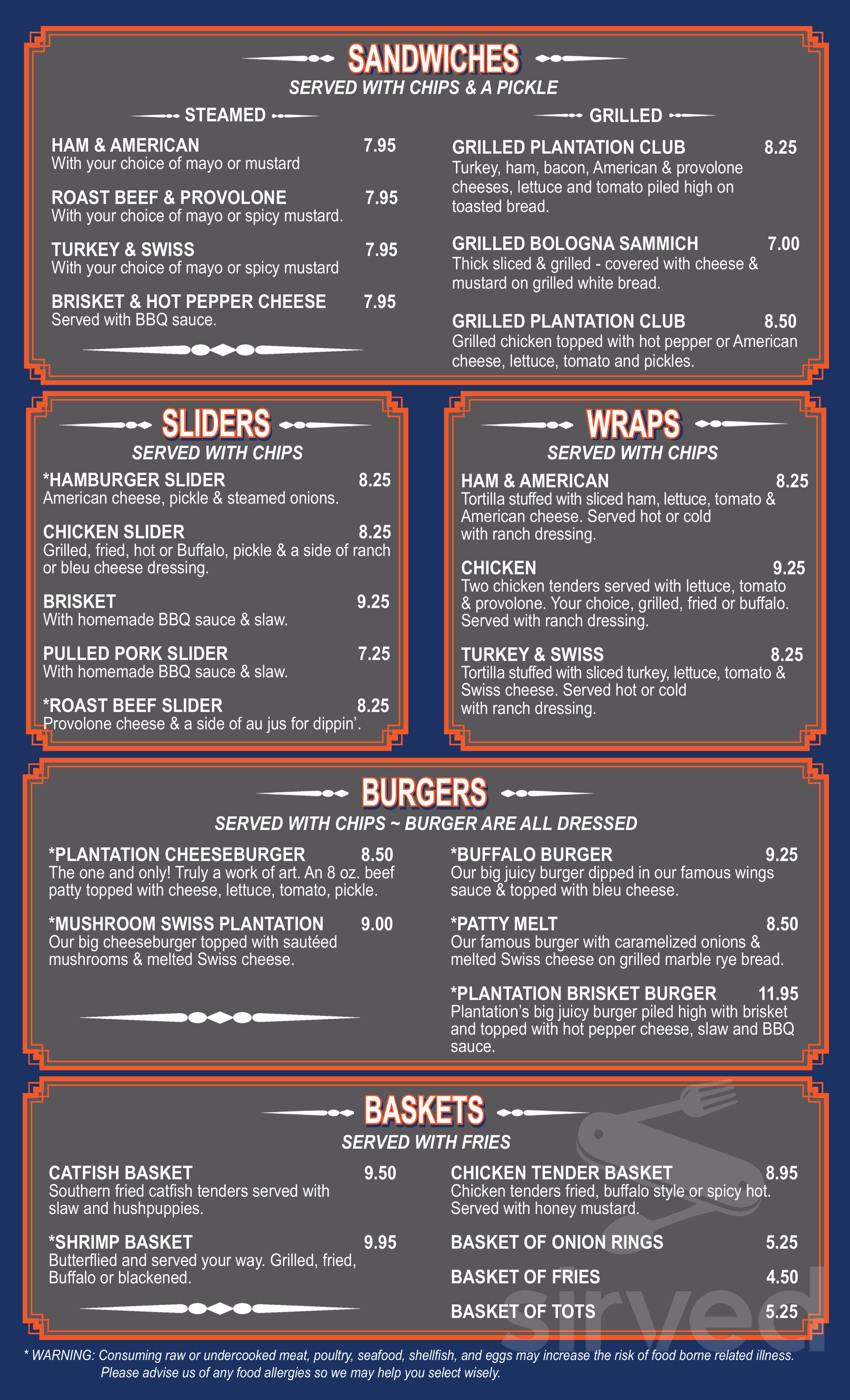 Plantation Pub menu in Nashville, Tennessee, USA