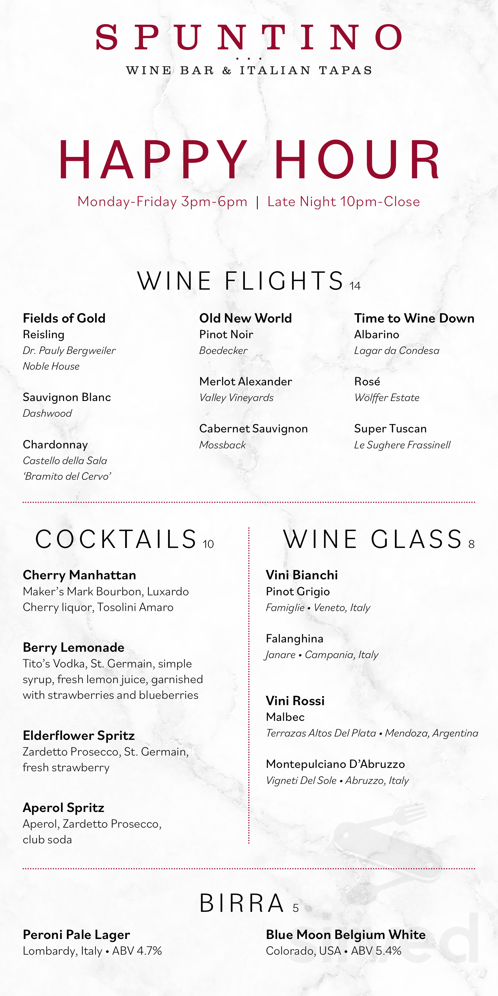 Menu for Spuntino Wine Bar & Italian Tapas in Clifton, NJ | Sirved