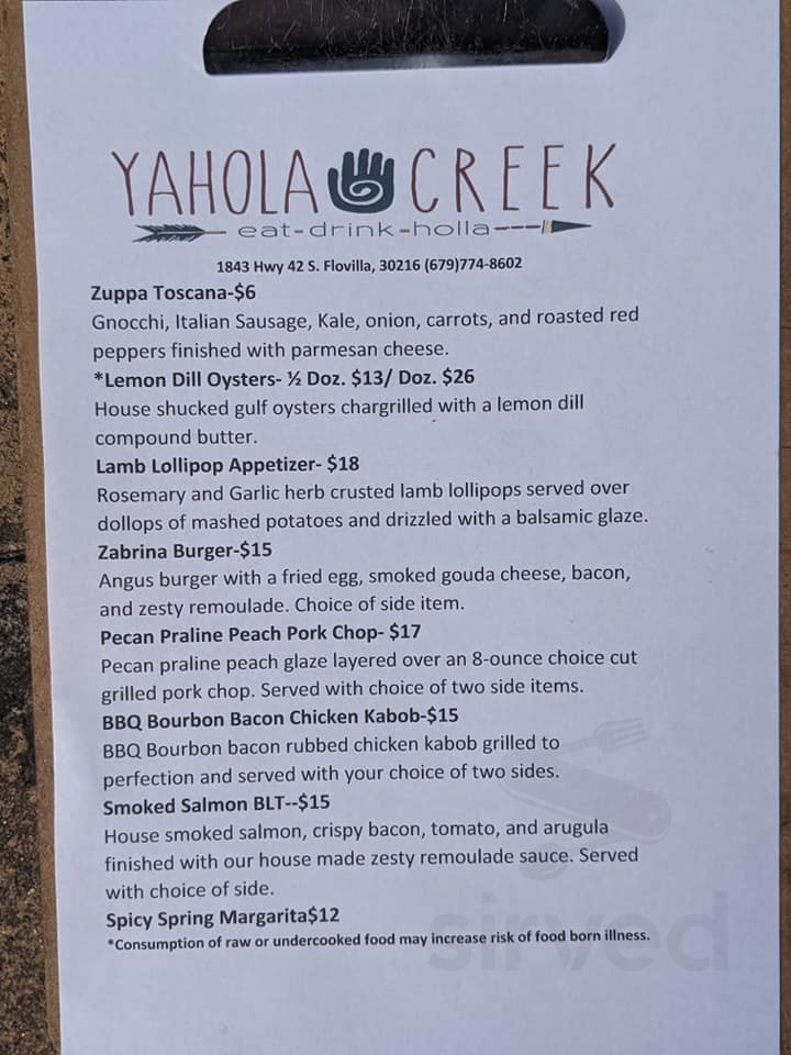 Menu for Yahola Creek Restaurant in Flovilla, GA | Sirved