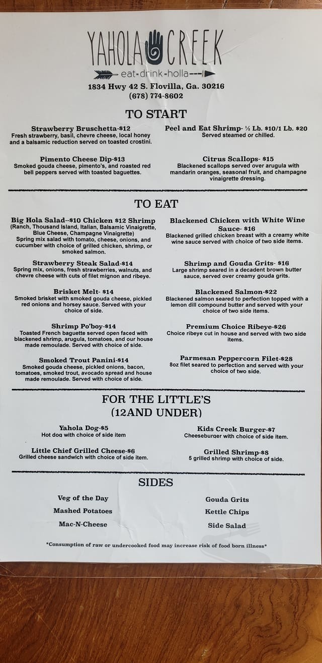Yahola Creek Restaurant menus in Flovilla, Georgia, United States
