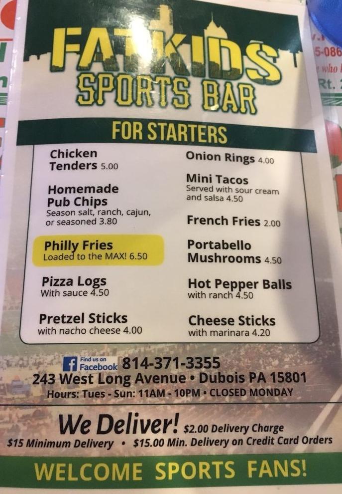 Fat Kid's Sports Bar menus in DuBois, Pennsylvania, United States