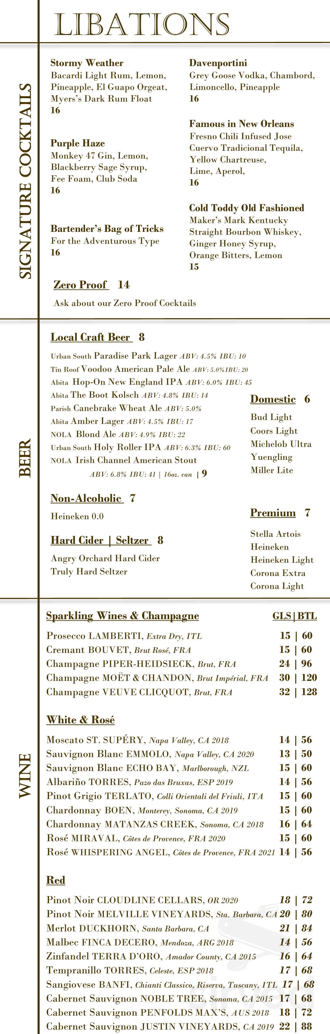 Menu for Davenport Lounge in New Orleans, LA | Sirved