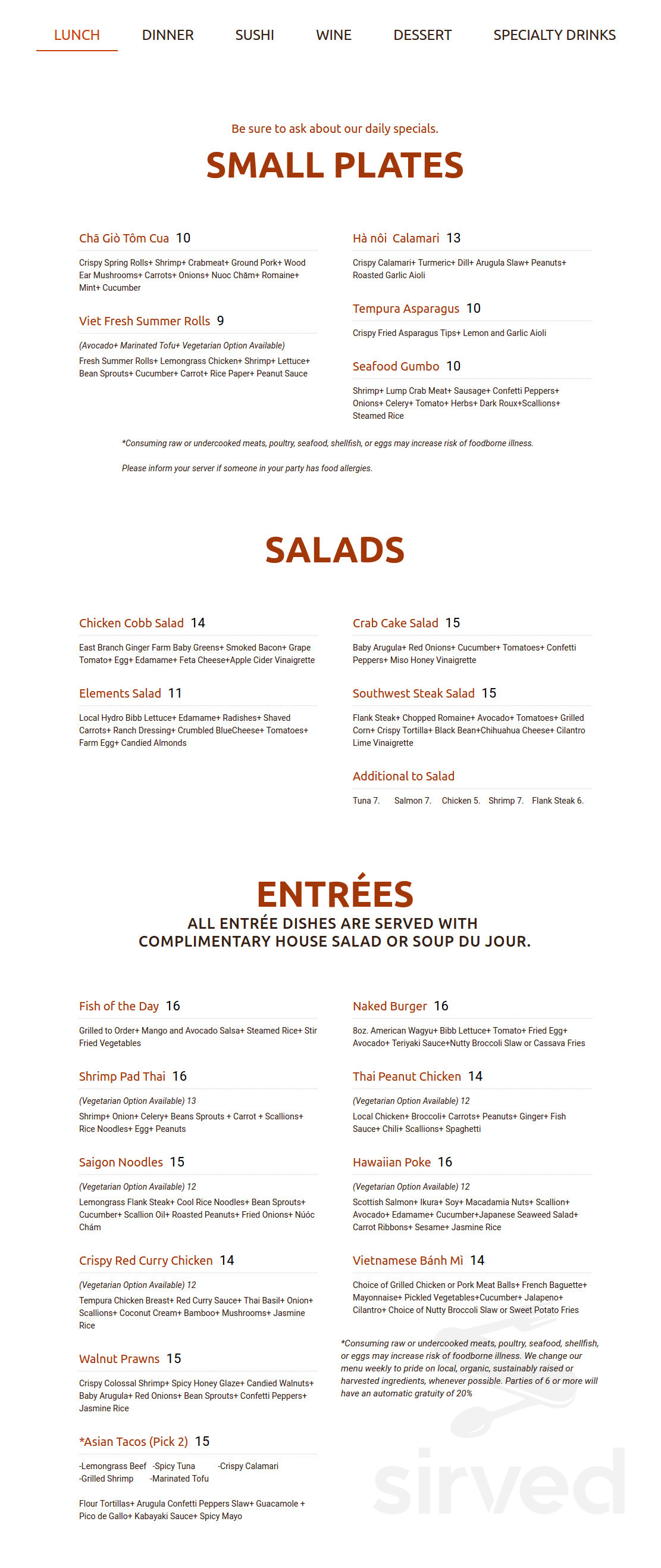 Elements Restaurant menu in Chapel Hill, North Carolina, USA