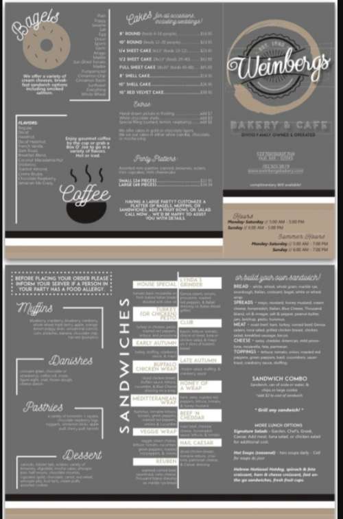 Weinberg's Bakery menu in Hull, Massachusetts, USA
