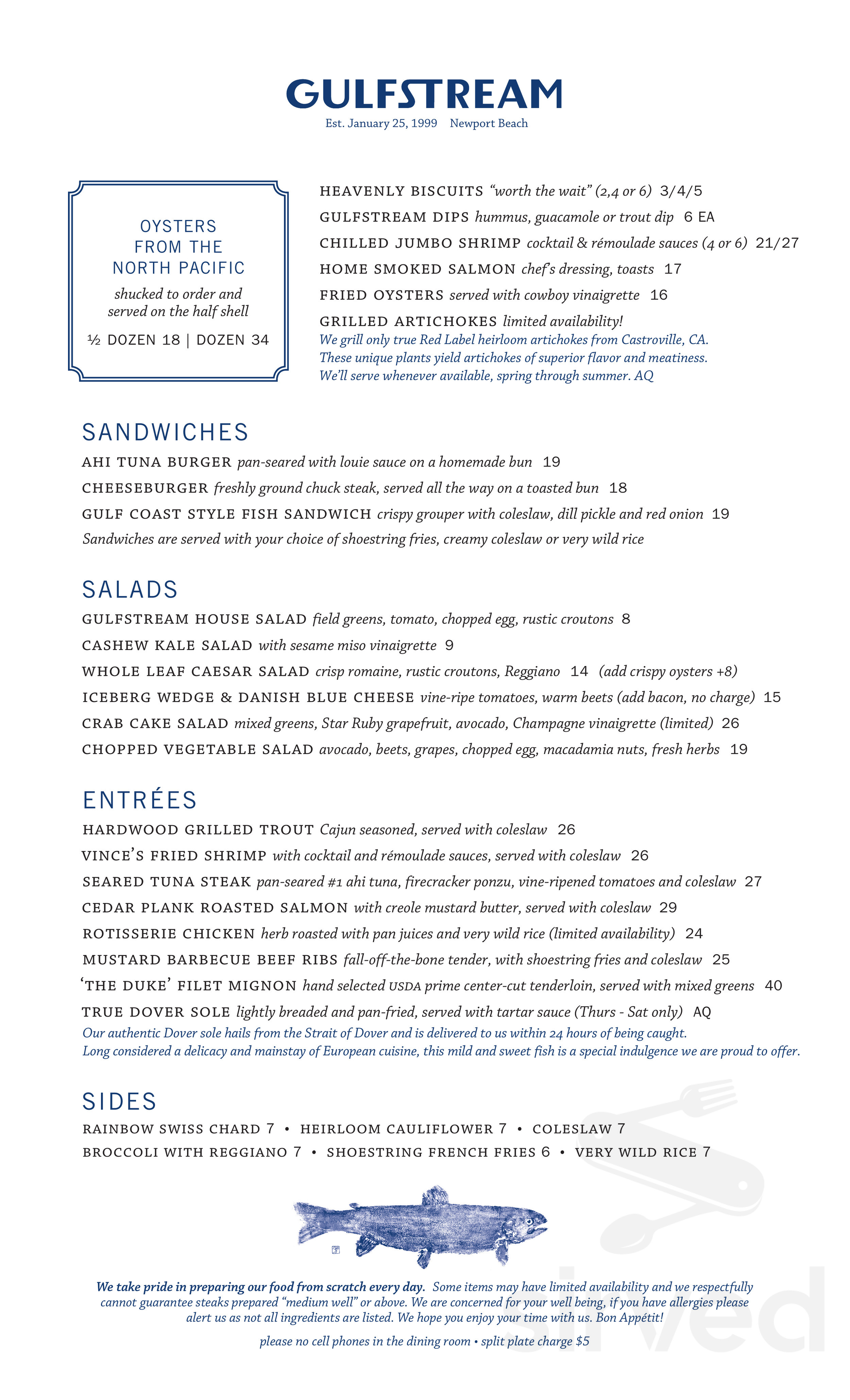 Gulfstream menu in Newport Beach, California, USA