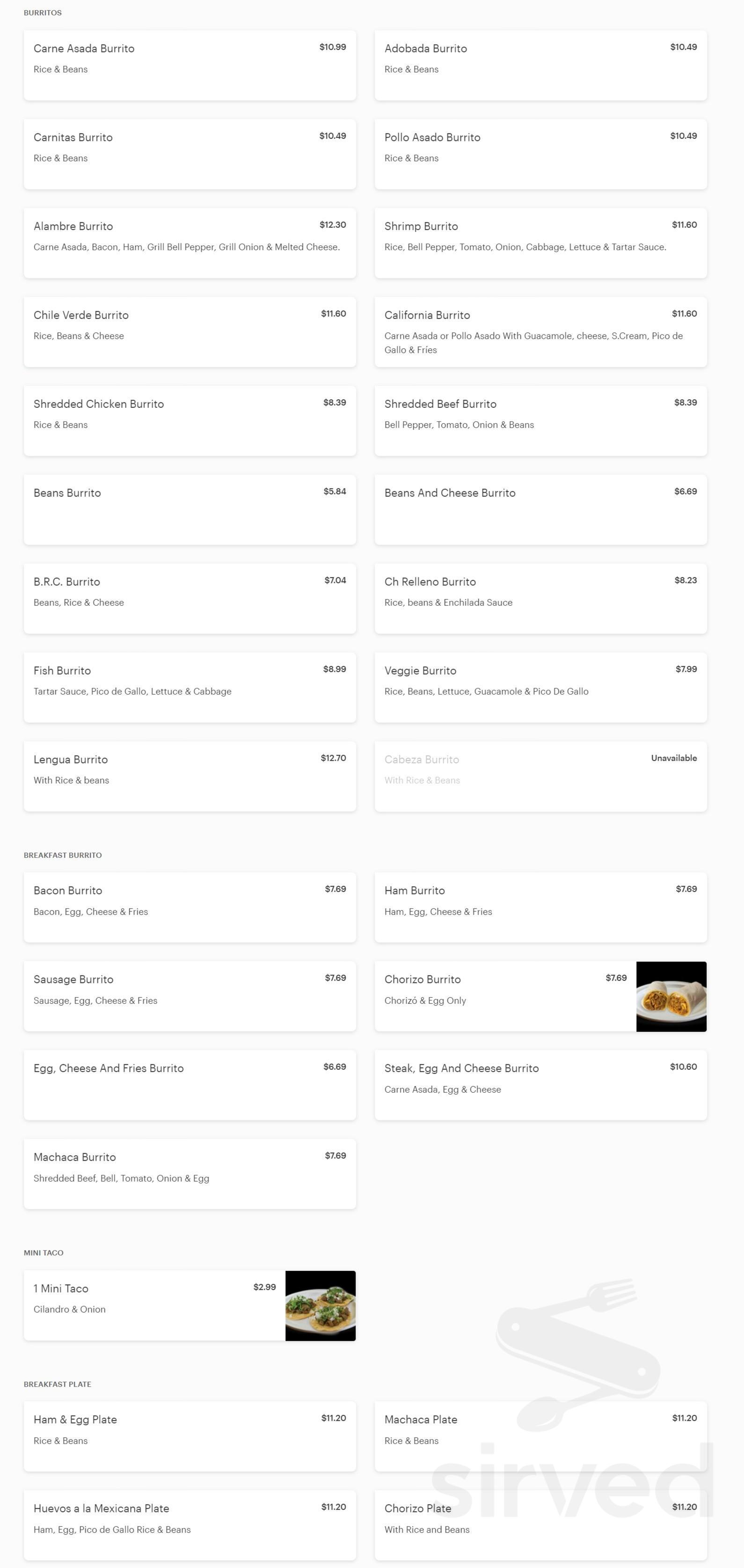 Sosa's Mexican Food menu in San Bernardino, California, USA