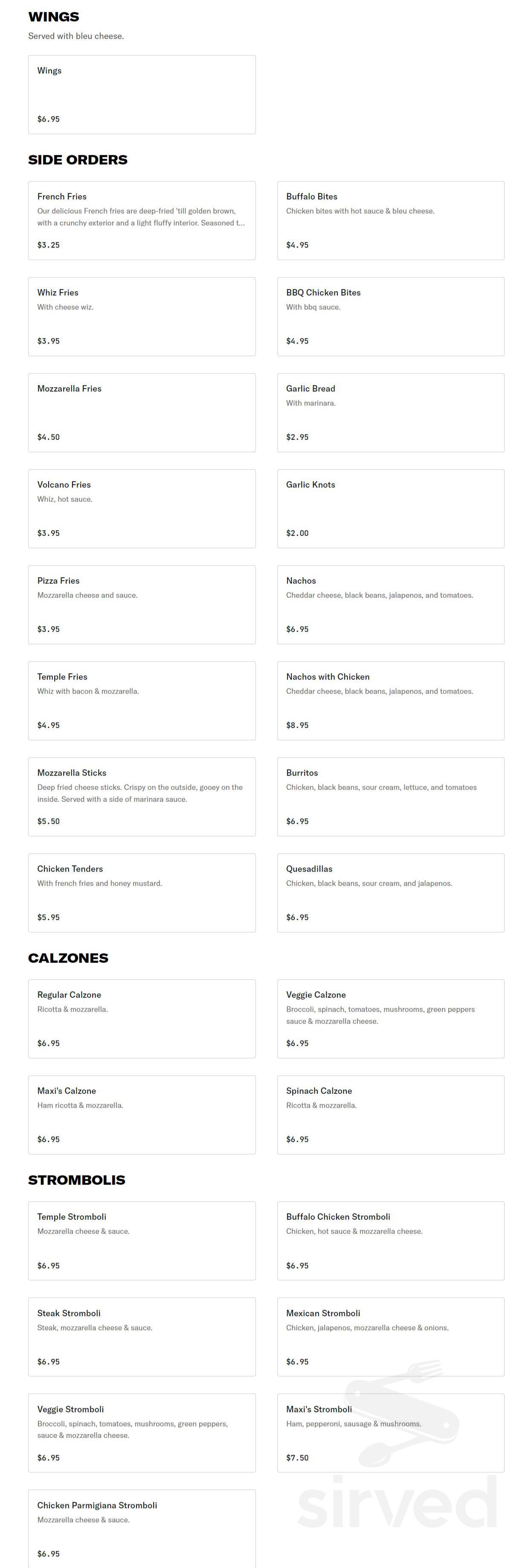 Menu - Philadelphia PA's Maxi's Pizza, Subs and Bar | Sirved