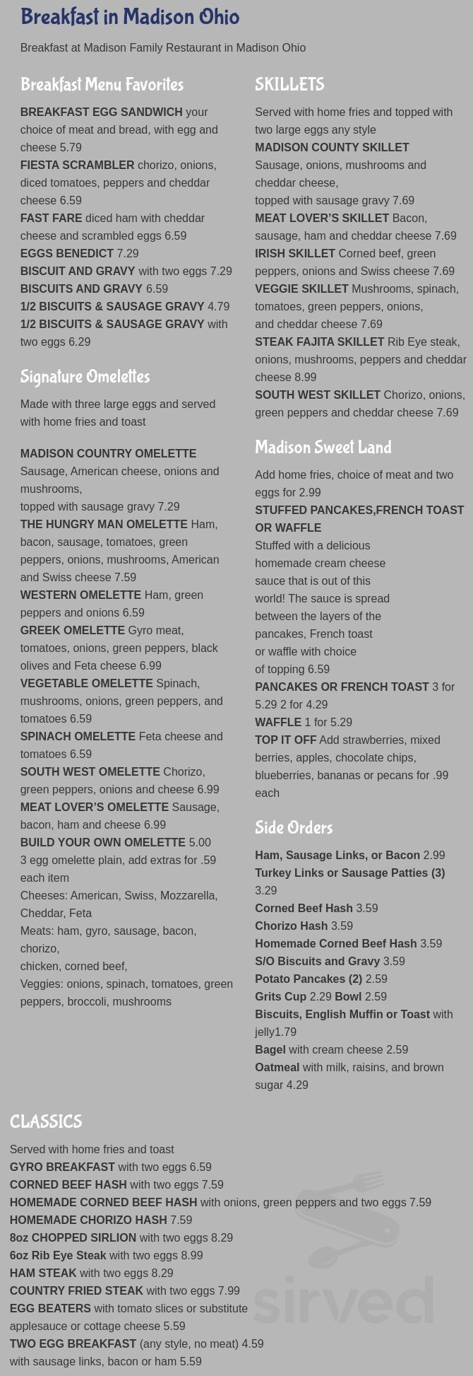 Madison Family Restaurant Menu - Madison, Ohio | Sirved