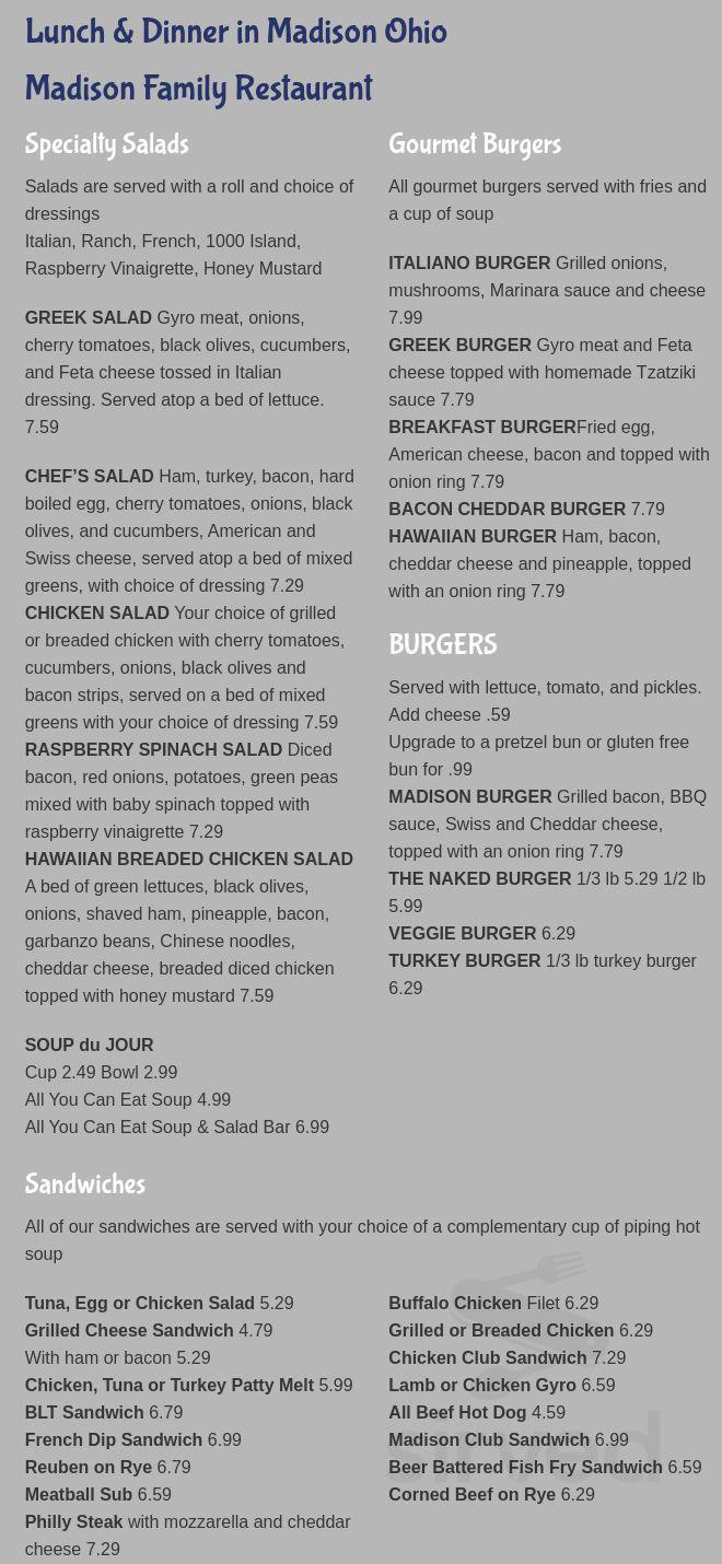 Madison Family Restaurant menu in Madison, Ohio, USA