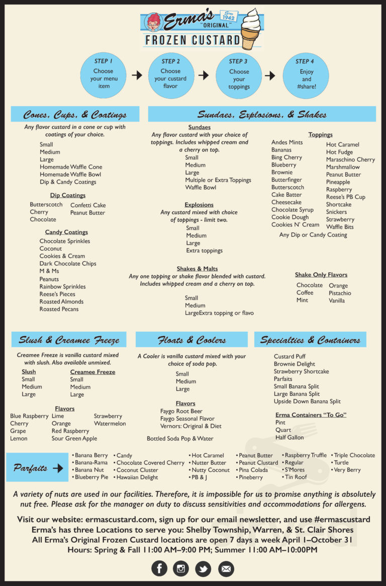 Menu for Erma's Original Frozen Custard in Shelby Township, MI | Sirved