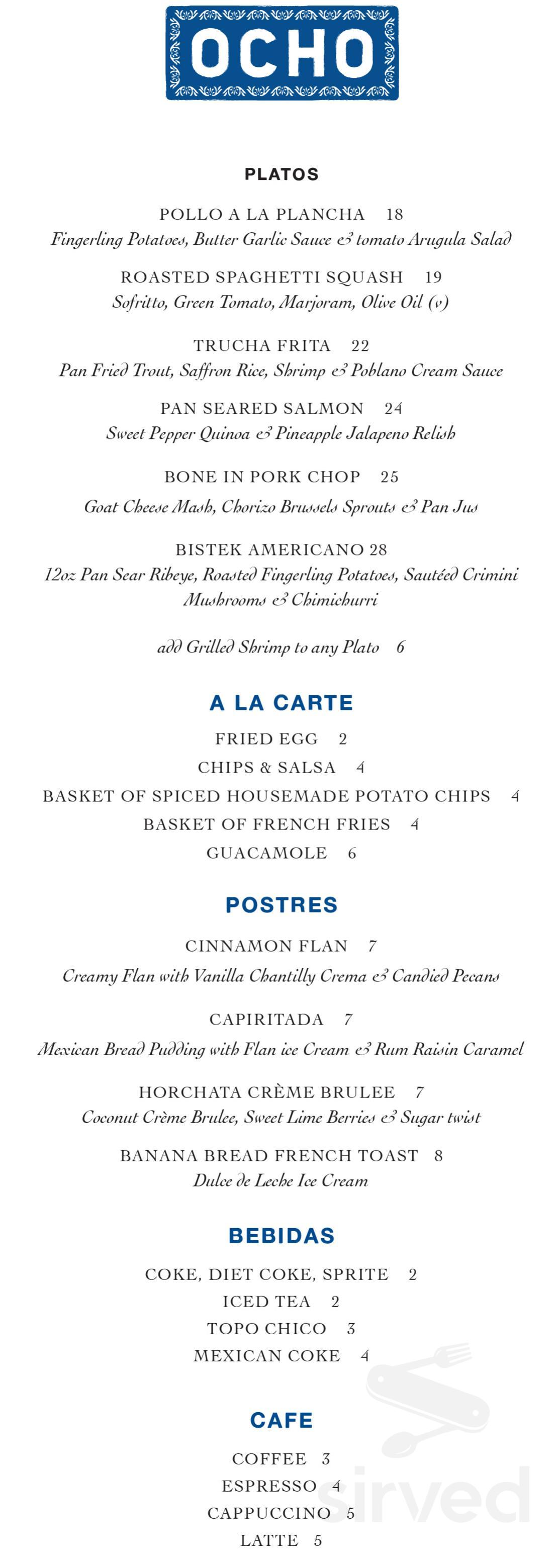 Menu - San Antonio TX's Ocho | Sirved