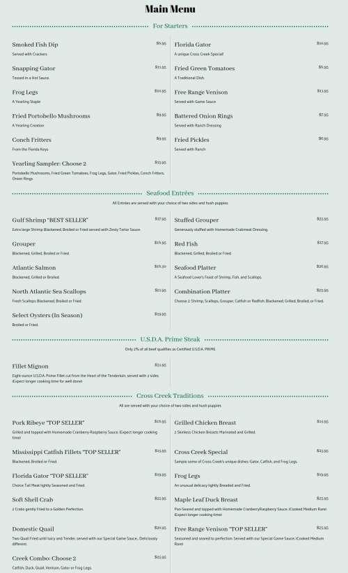 The Yearling Restaurant menu in Hawthorne, Florida, USA