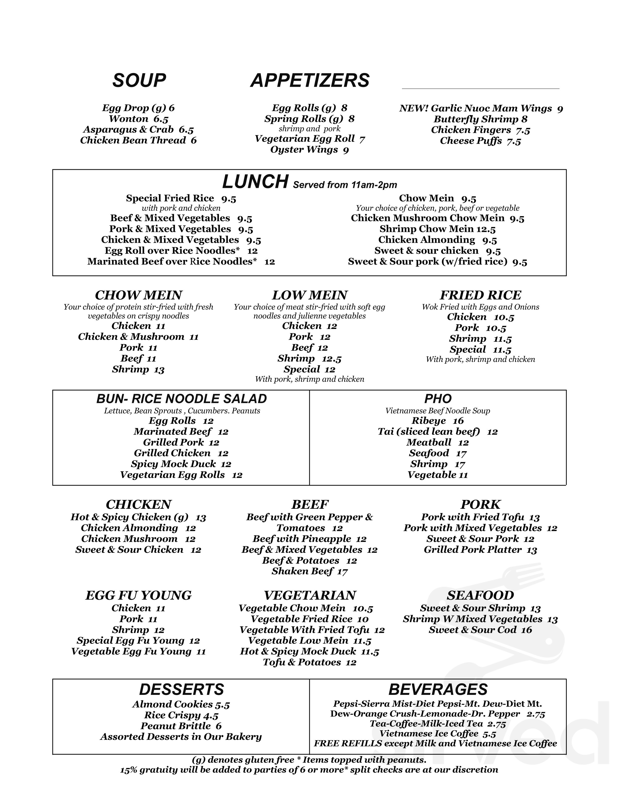 Que Viet Village House menu in Minneapolis, Minnesota, USA