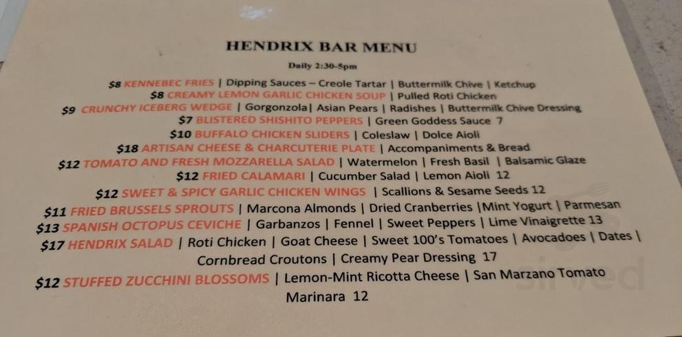 Hendrix restaurant and bar menus in Corona, California, United States