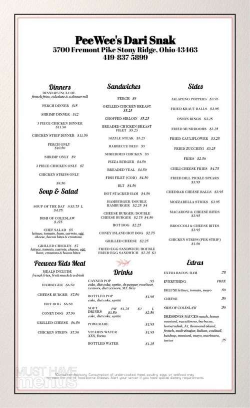 Pee Wee's Darisnak menu in Perrysburg, Ohio, USA
