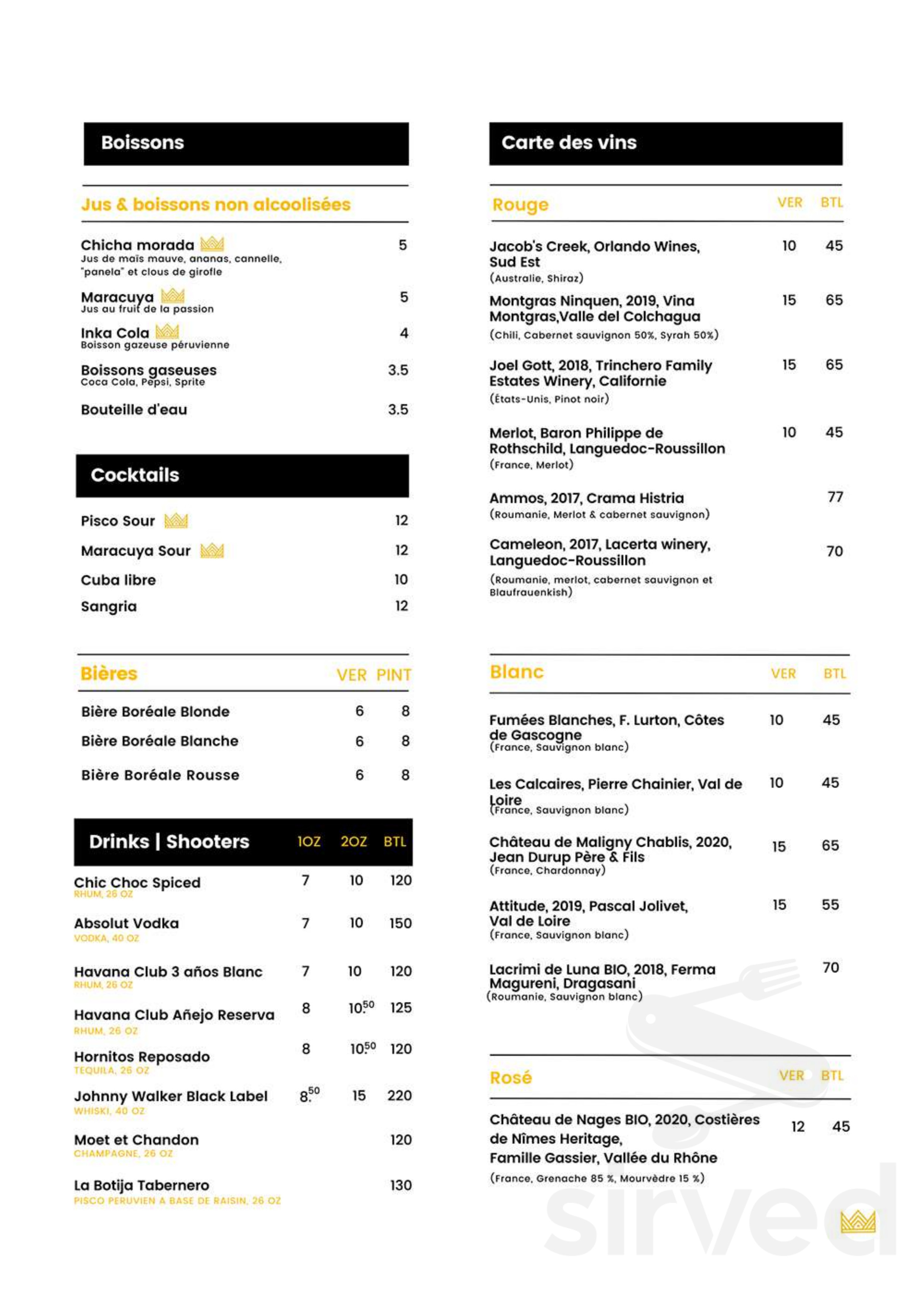 Resto-Bar LIMA menu in Québec, Quebec, Canada
