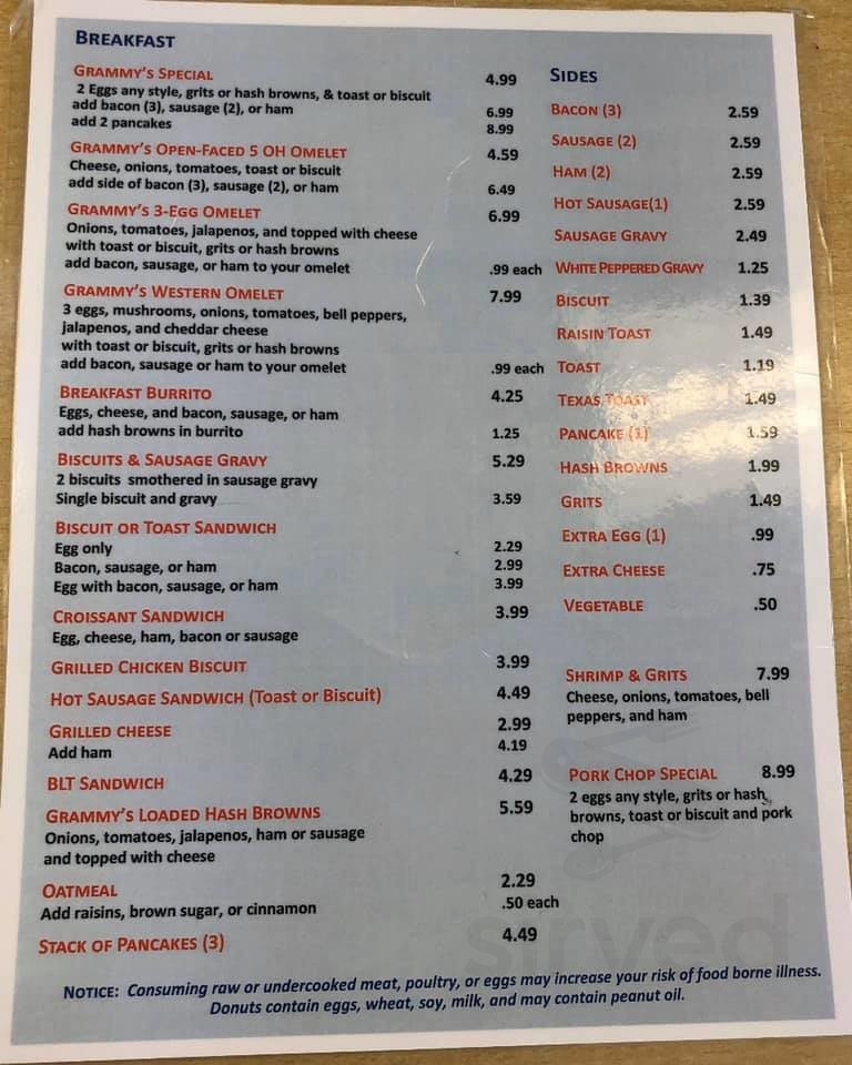 Grammys Donuts and More menu in Bay St Louis, Mississippi, USA