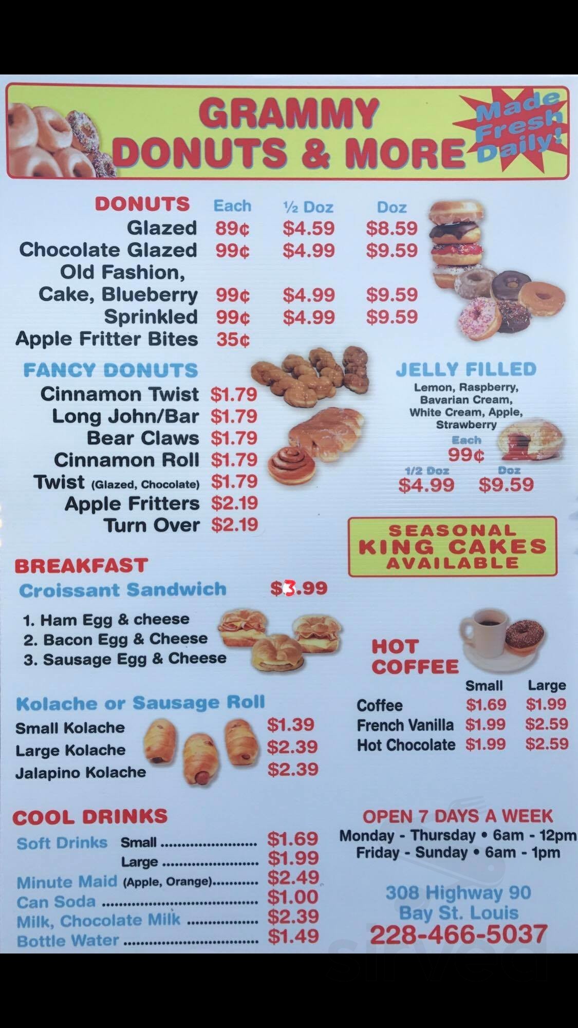 Grammys Donuts and More menu in Bay St Louis, Mississippi, USA
