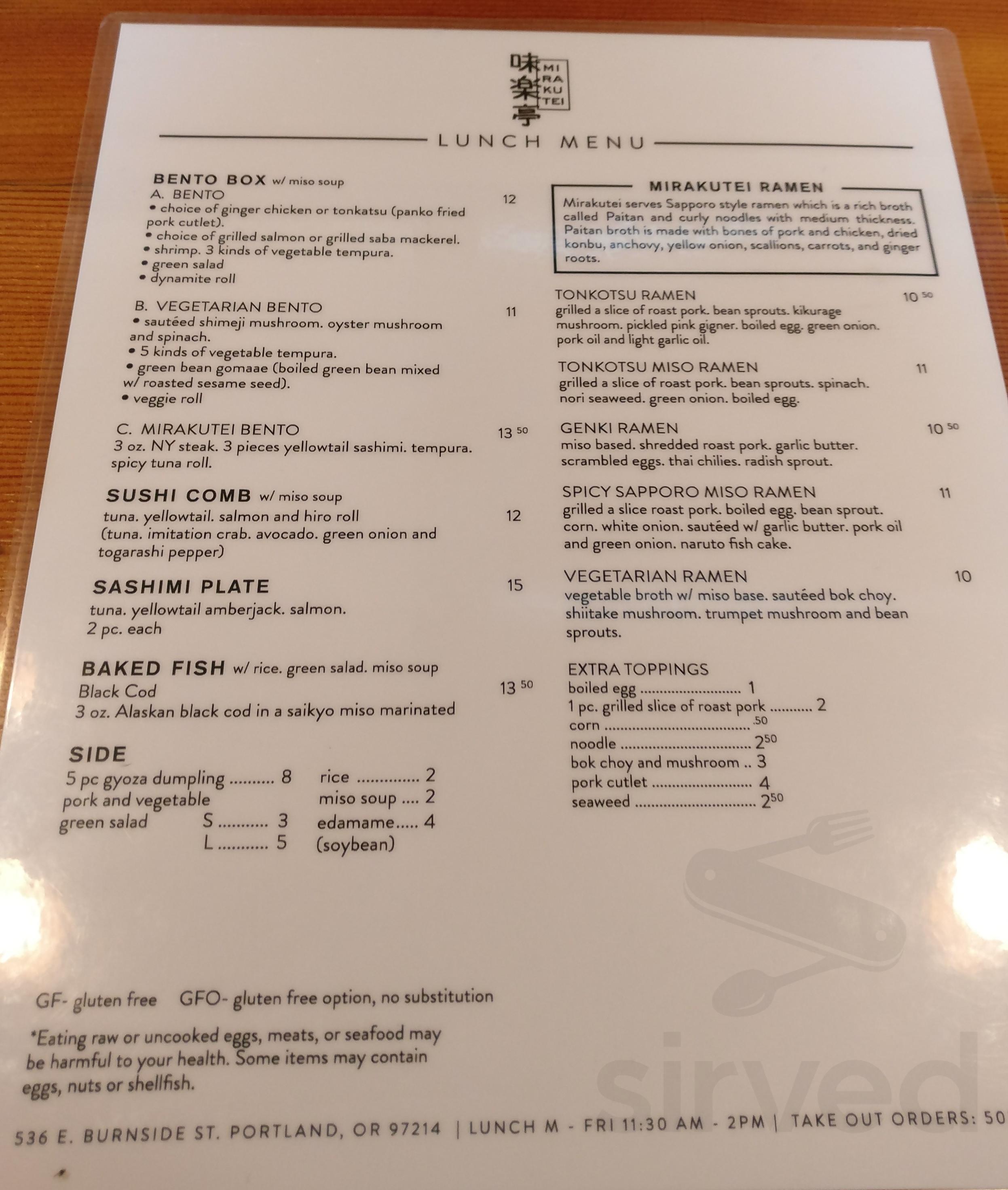Menu for Mirakutei Sushi & Ramen in Portland, OR | Sirved