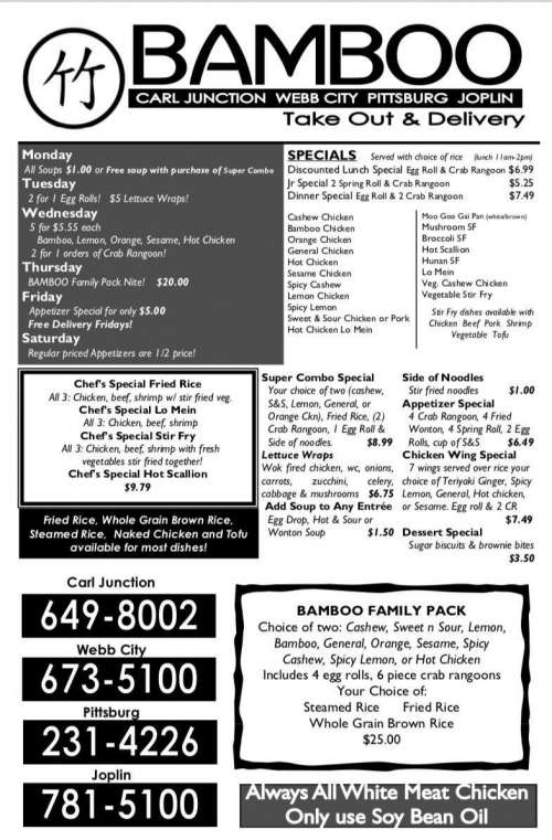 Bamboo Webb City Menu