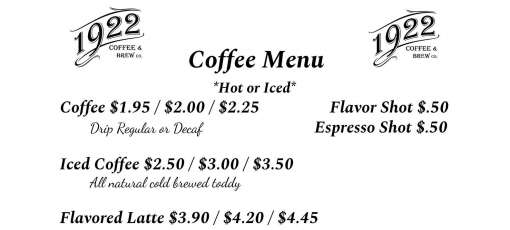 Menu for 1922 Coffee And Brew in Painesville, OH | Sirved