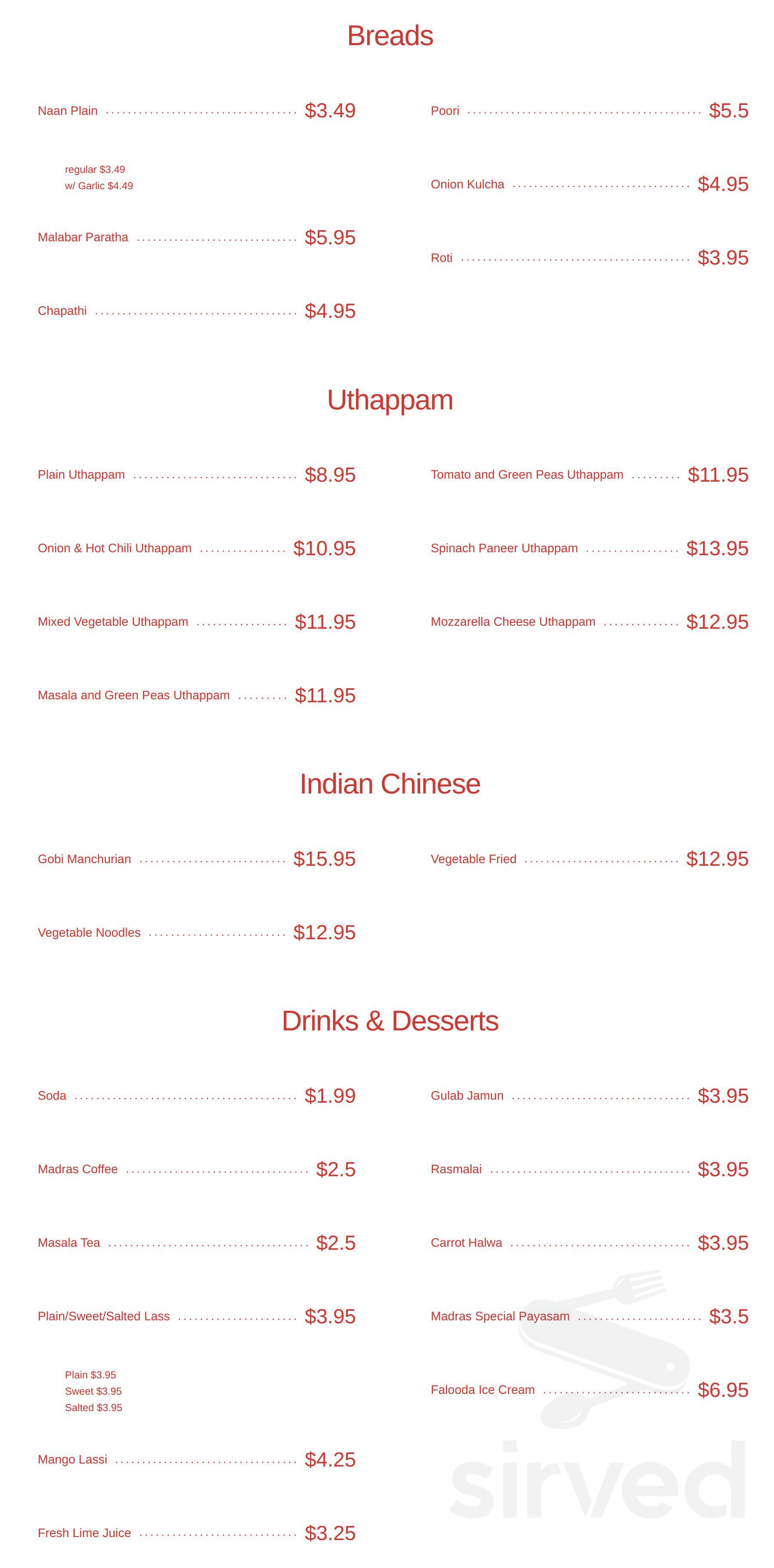 Madras Palace Indian Cuisine menu in Gaithersburg, Maryland, USA