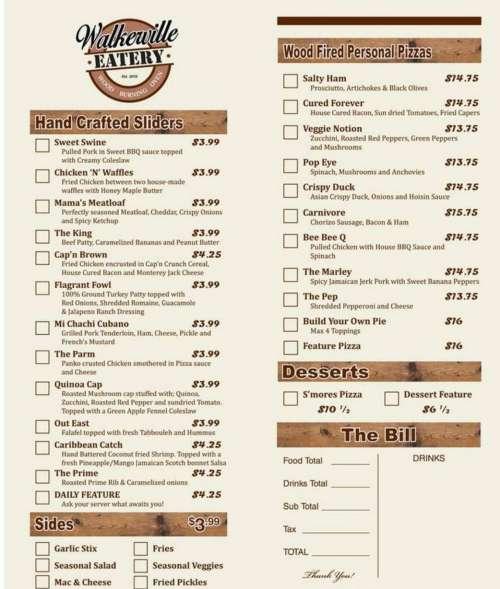 Walkerville Eatery menu in Windsor, Ontario, Canada