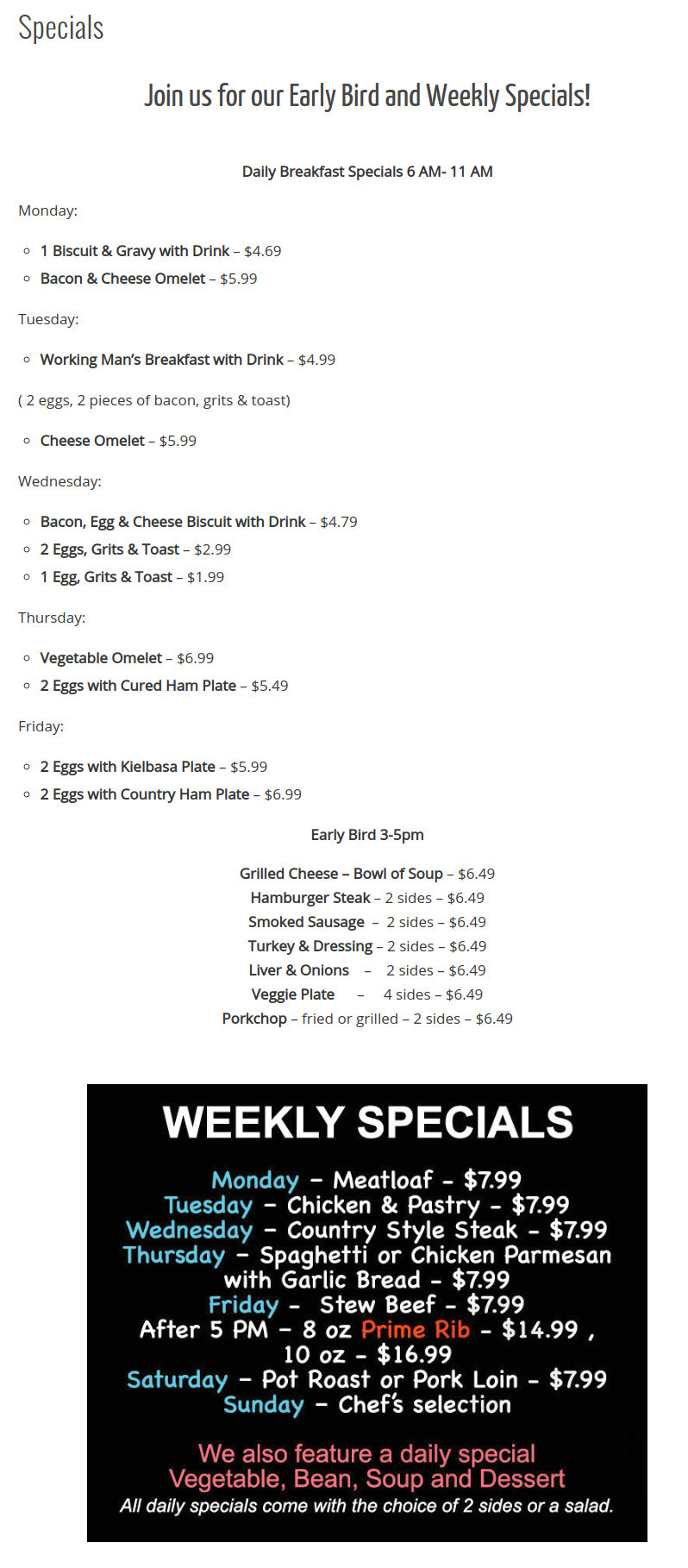 Menu for The Sawmill Cafe and Catering in Wilmington, NC | Sirved