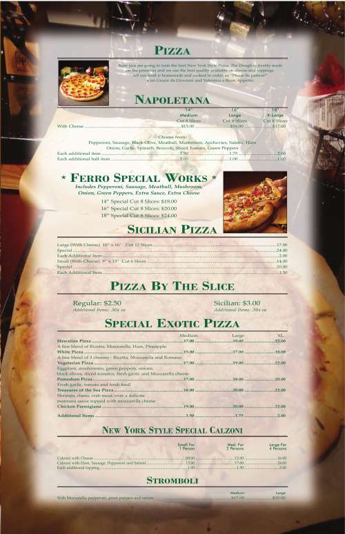 Ferro Pizza and Restaurant menu in Tamarac, Florida, USA
