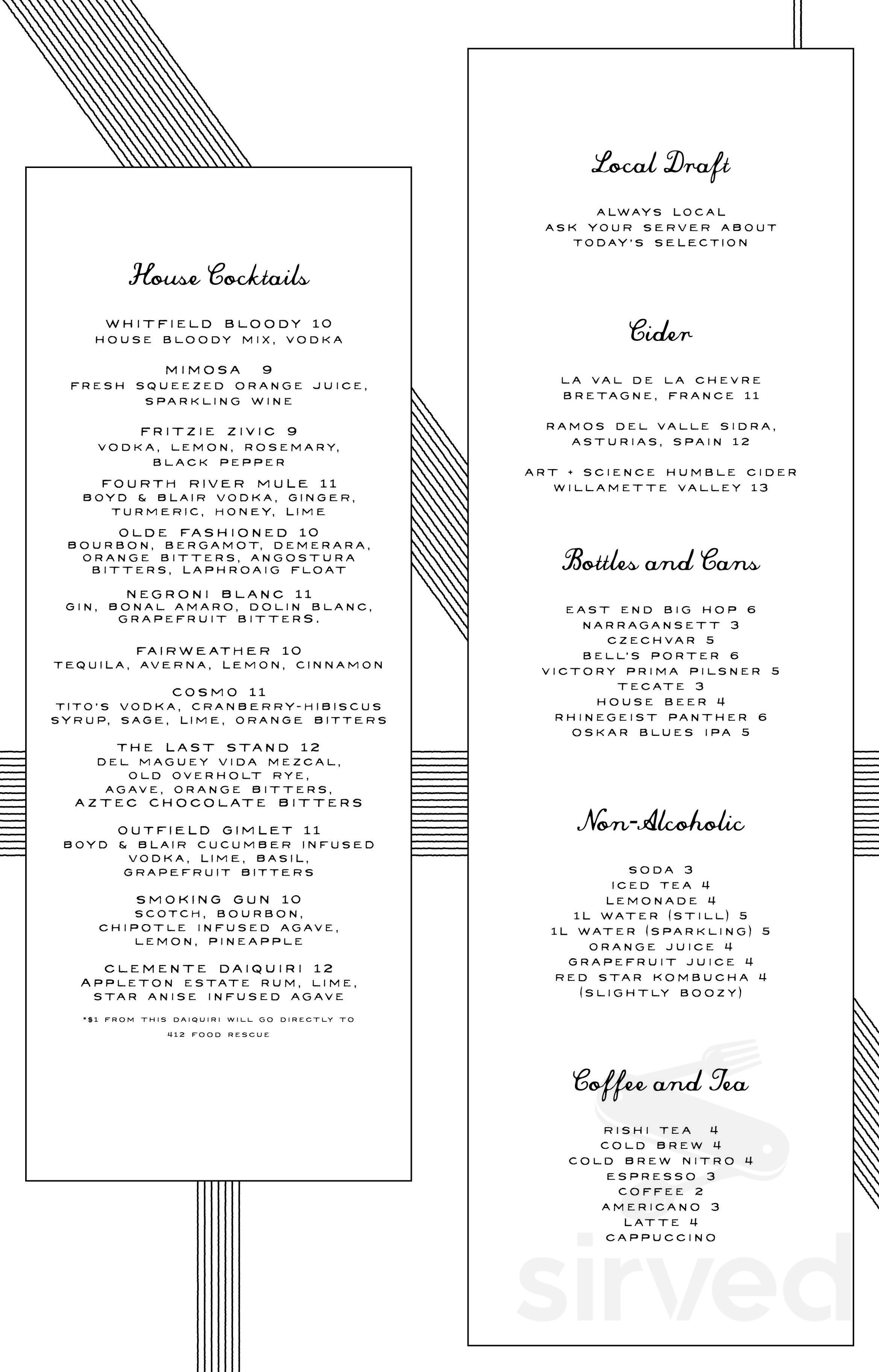 Menu - Pittsburgh PA's Whitfield | Sirved