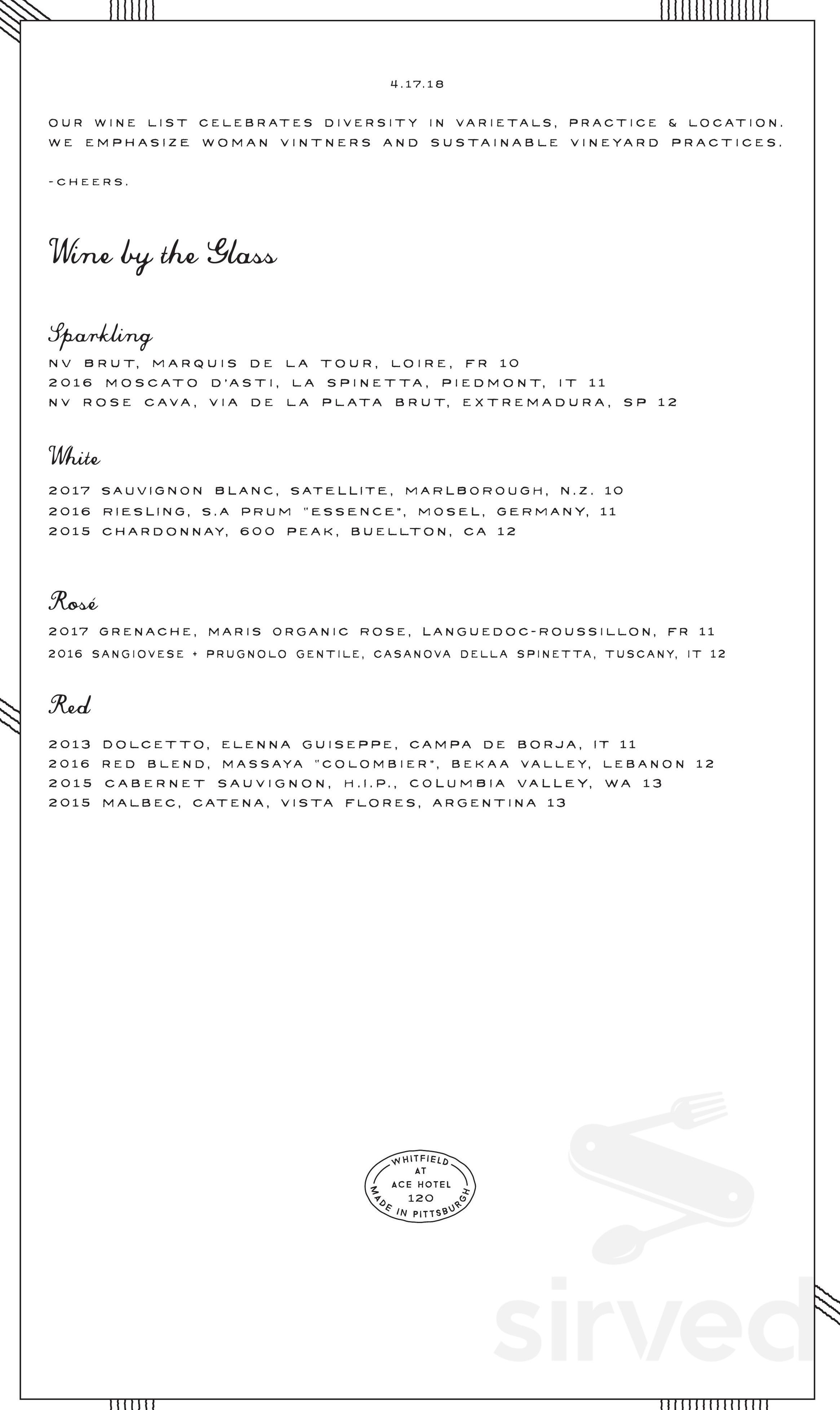 Menu - Pittsburgh PA's Whitfield | Sirved