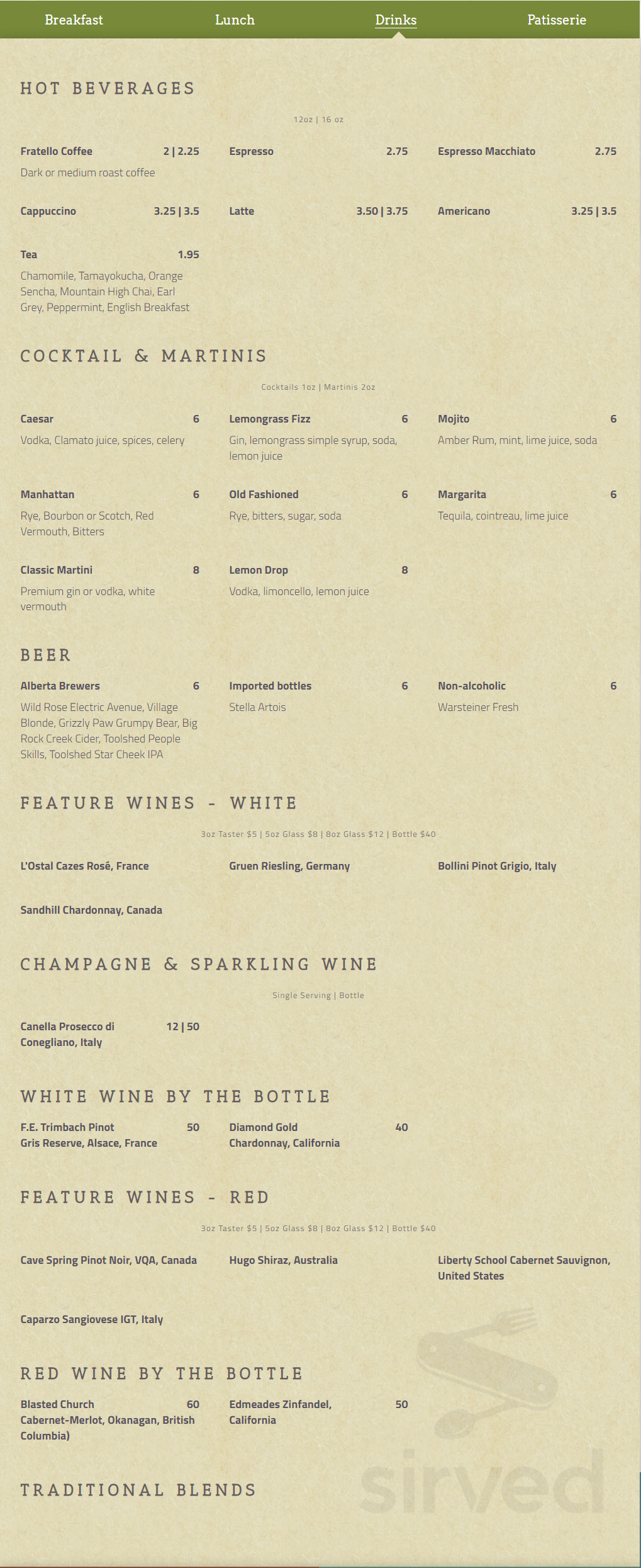 The Tastemarket Canadian Kitchen by SAIT menu in Calgary, Alberta, Canada