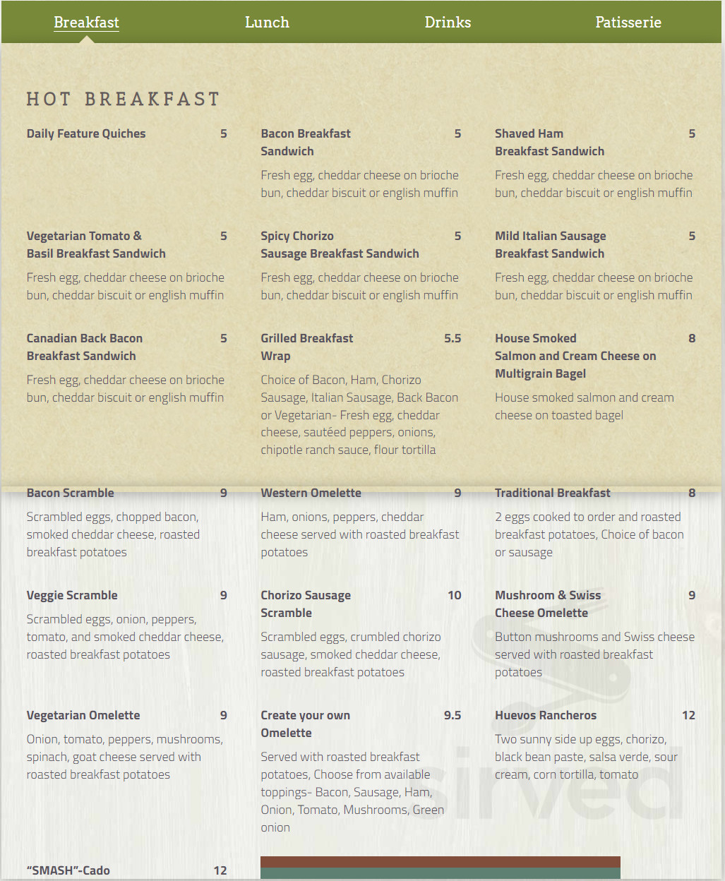 The Tastemarket Canadian Kitchen by SAIT menu in Calgary, Alberta, Canada