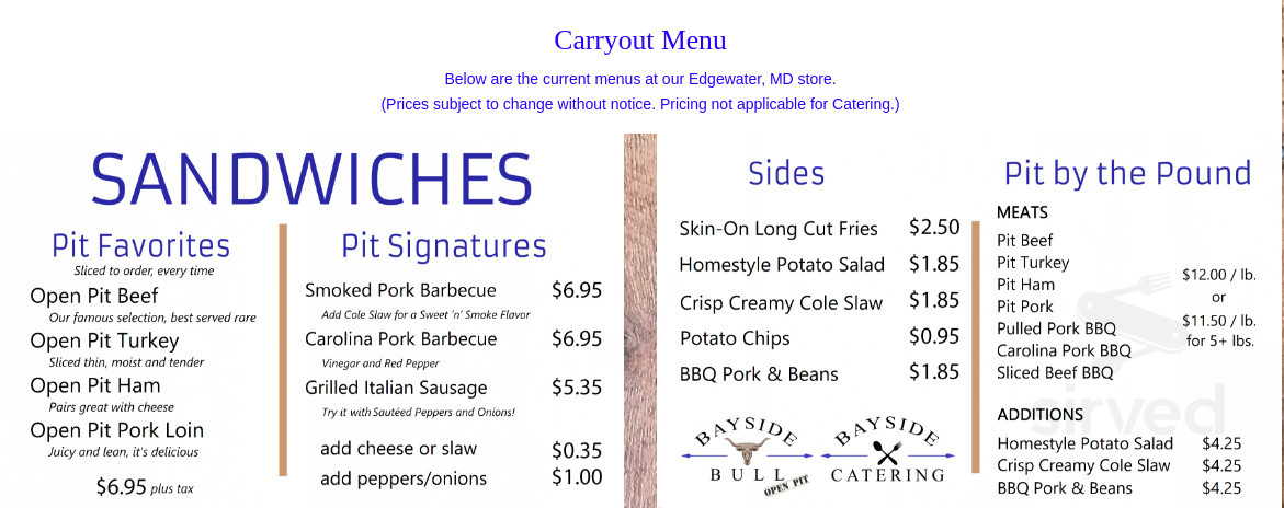 Bayside Bull menu in Edgewater, Maryland, USA