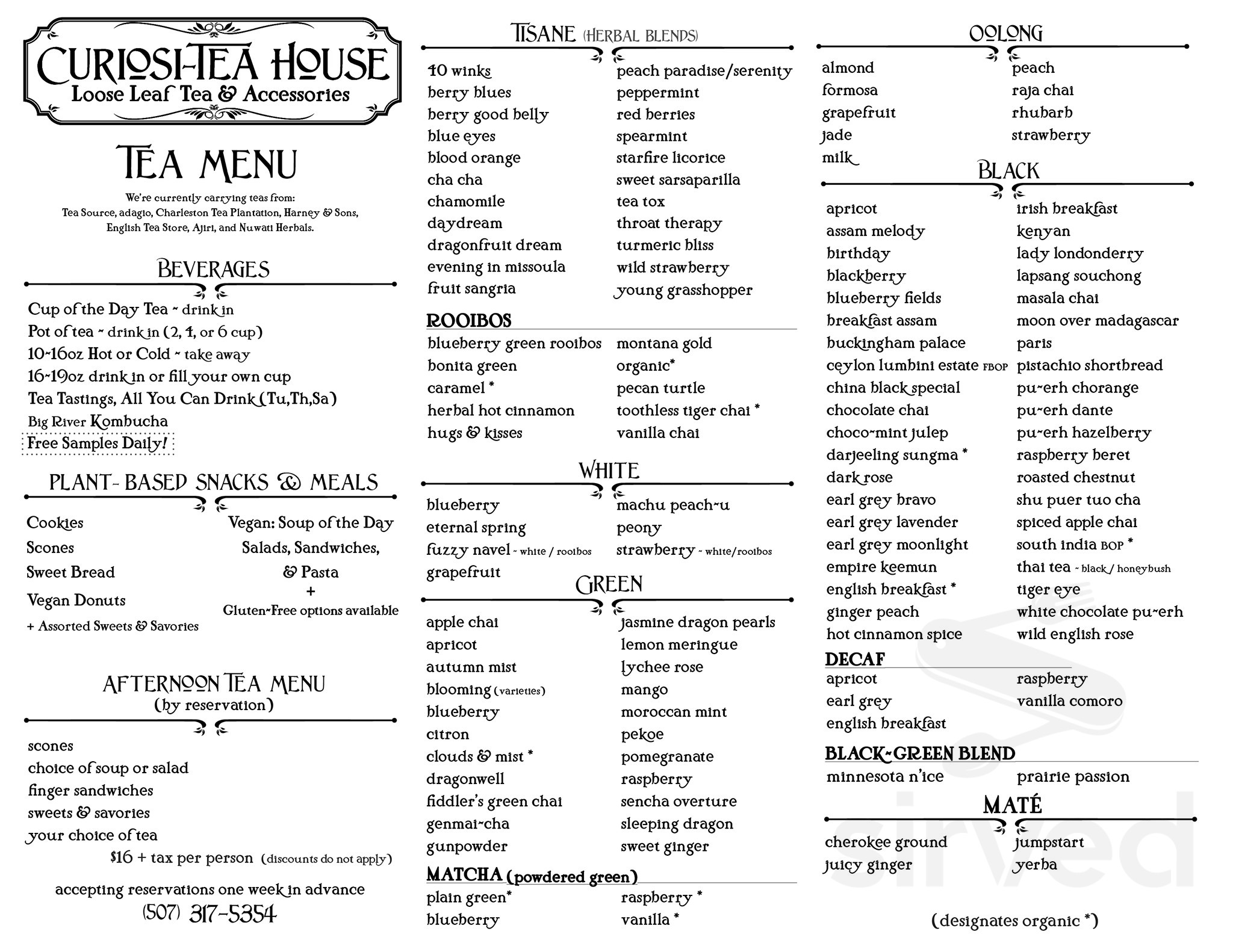 Curiosi Tea House Menu In North Mankato Minnesota USA