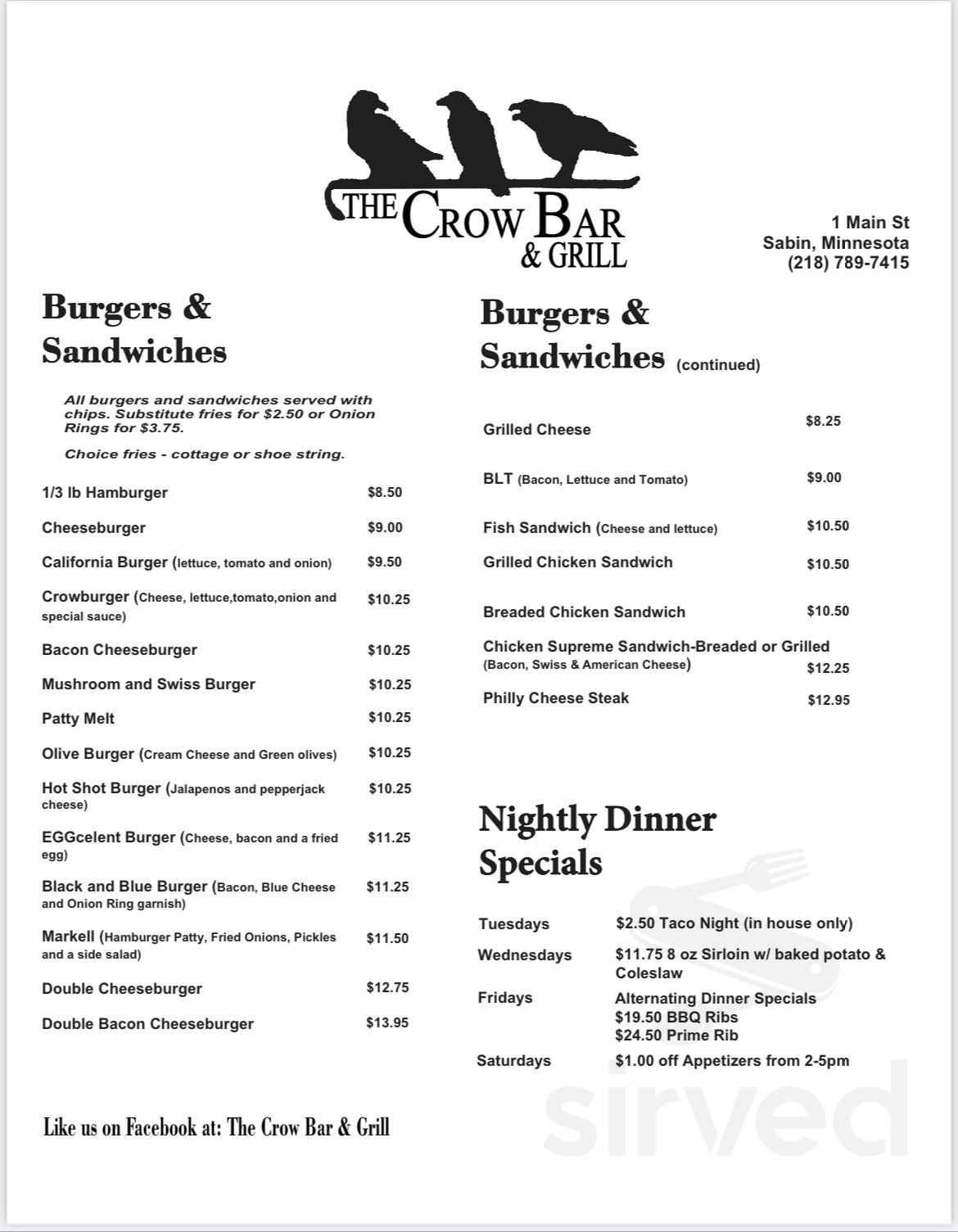 The Crow Bar & Grill menu in Sabin, Minnesota, USA