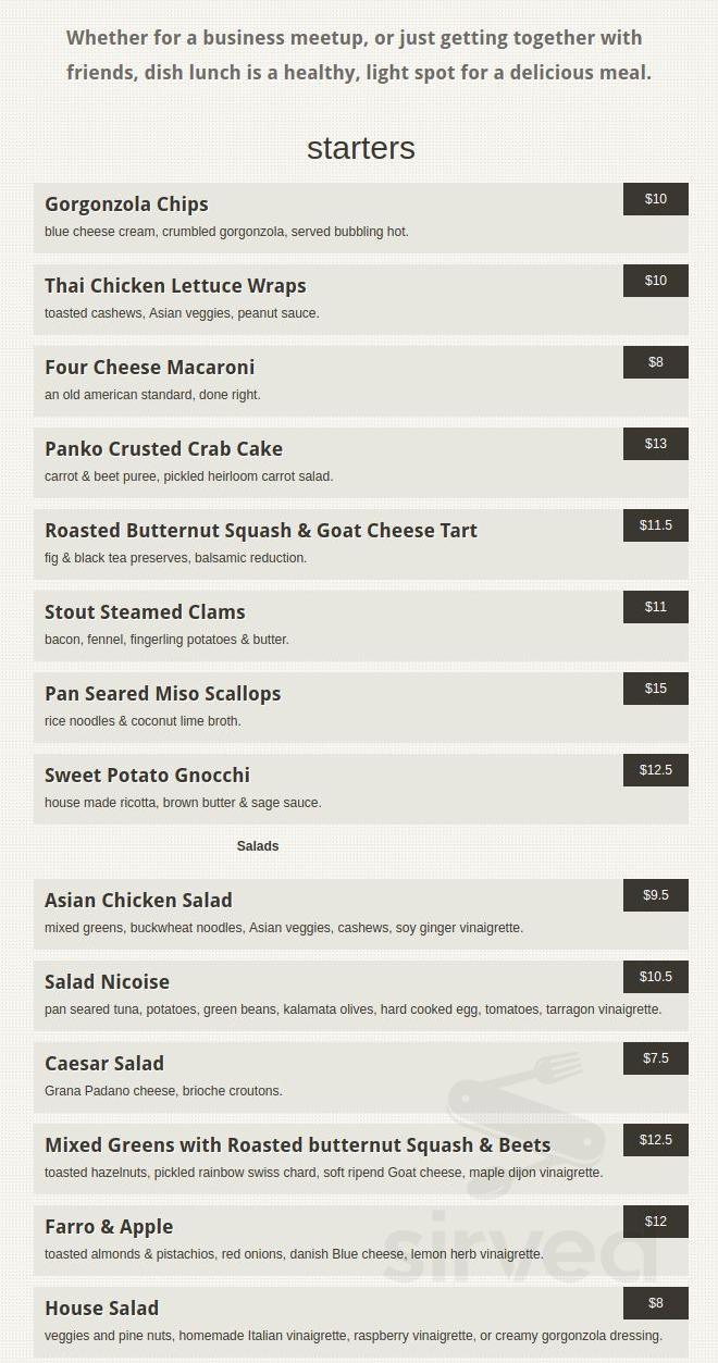 The Dish menu in Valparaiso, Indiana, USA