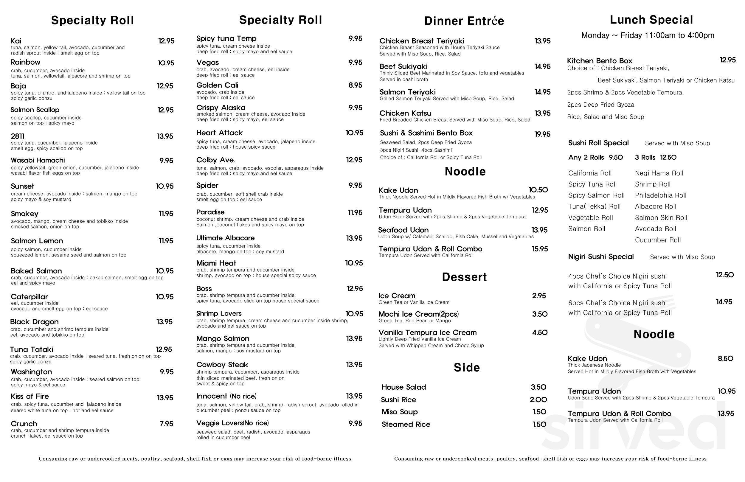 Kai Sushi Fusion Roll & Sake menu in Everett, Washington, USA