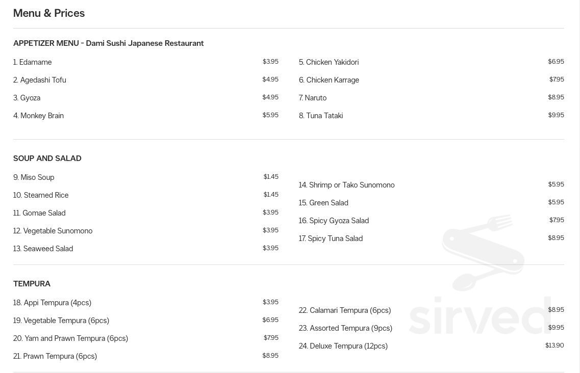 Dami Sushi menu in Nanaimo, British Columbia, Canada