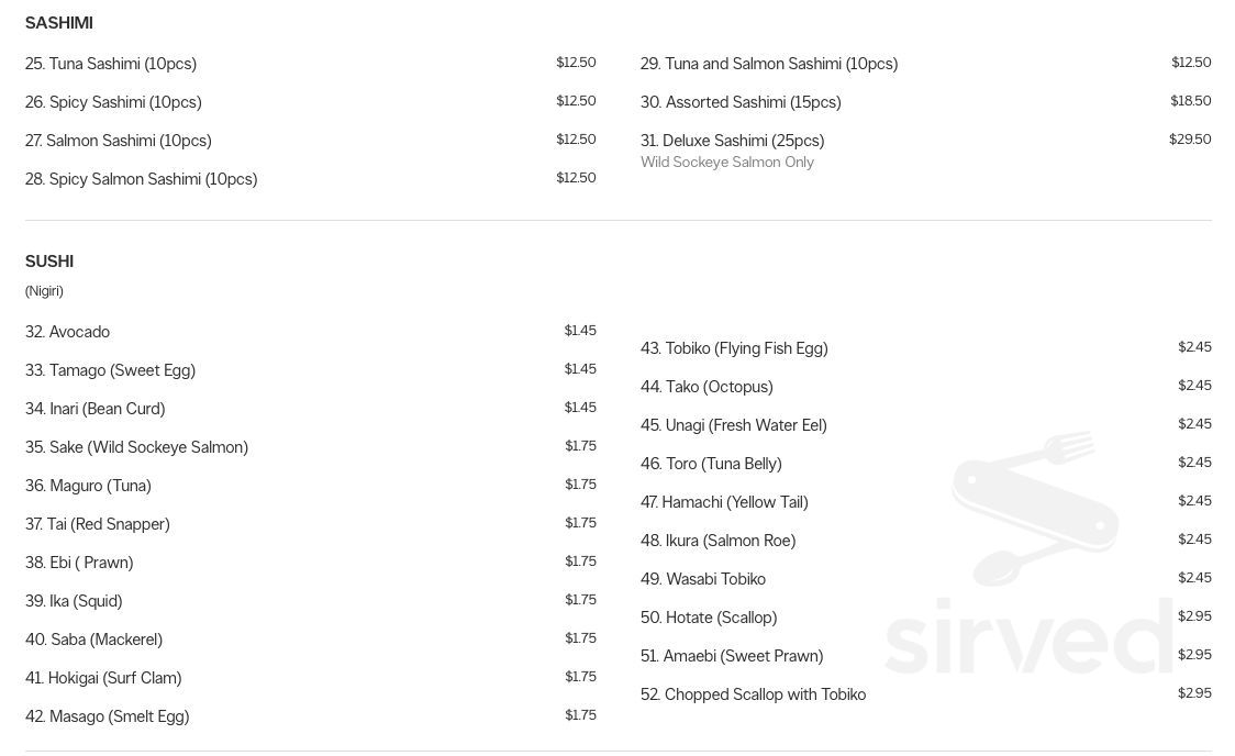 Dami Sushi menus in Nanaimo, British Columbia, Canada