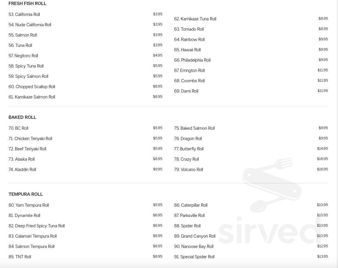 Dami Sushi menus in Nanaimo, British Columbia, Canada