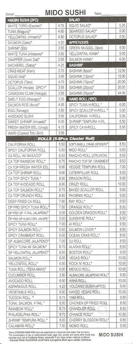 Mido Sushi menu in Chandler, Arizona, USA