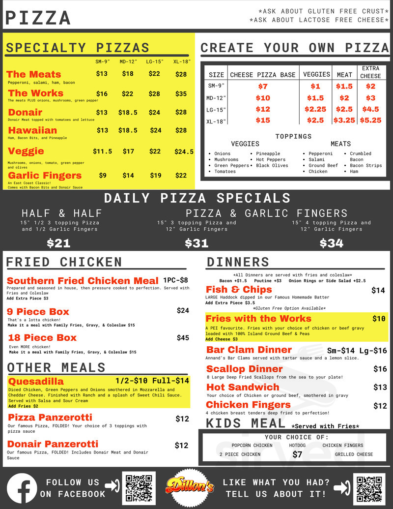 Menu - Tyne Valley PE's Dillon's Convenience & Pizzeria | Sirved