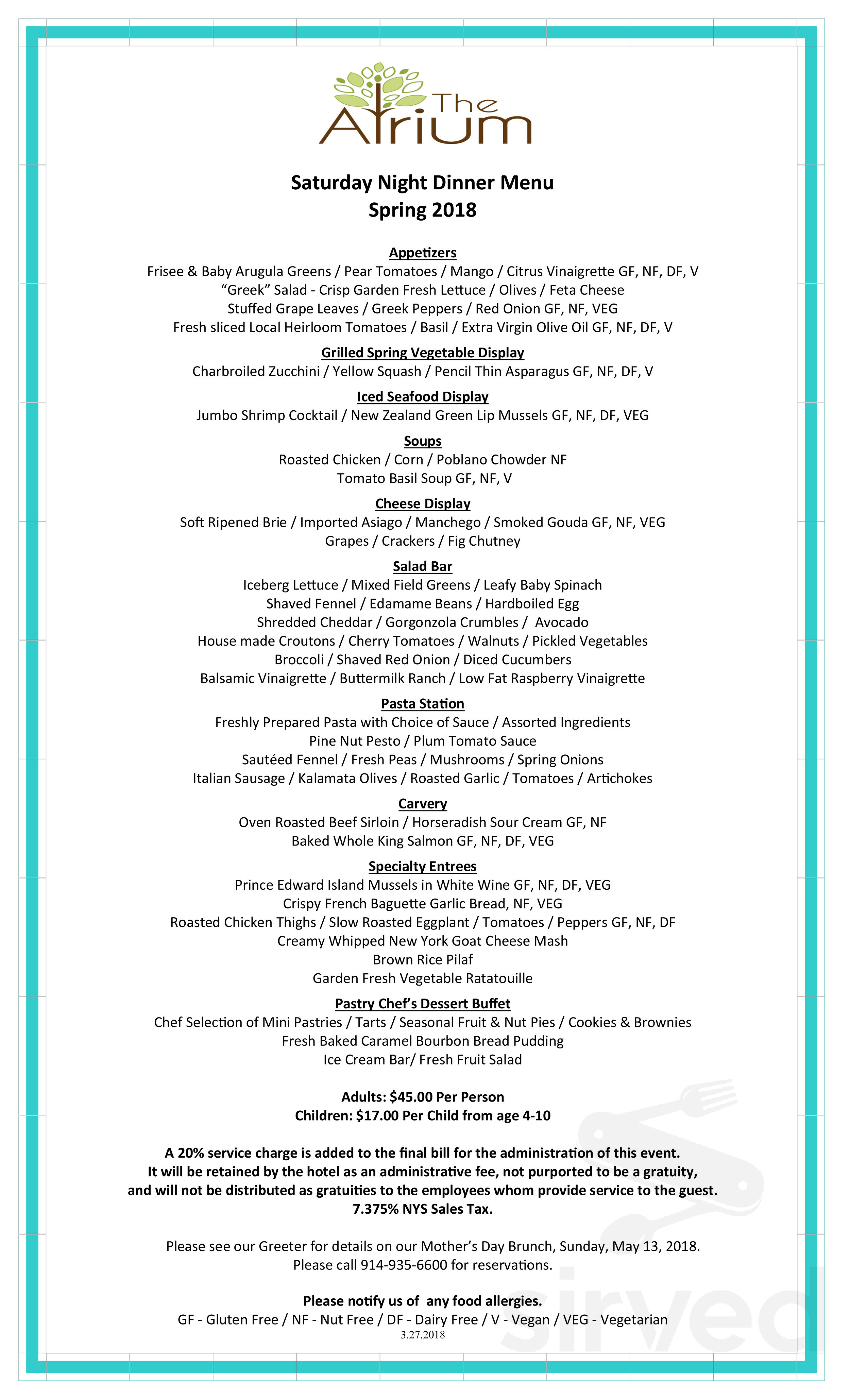 Atrium Restaurant menu in Rye Brook, New York, USA