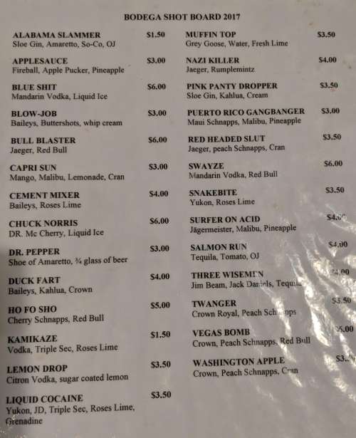 Bodega menu in Missoula, Montana, USA