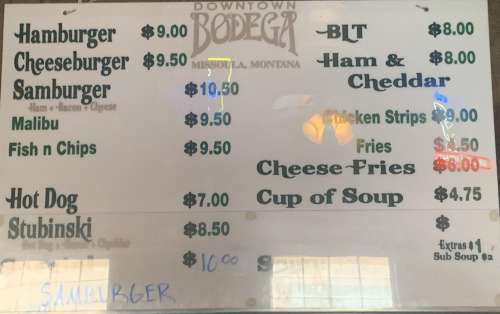 Bodega menu in Missoula, Montana, USA