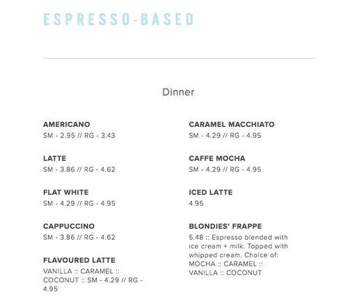 Blondies Cafe menu in Canmore, Alberta, Canada