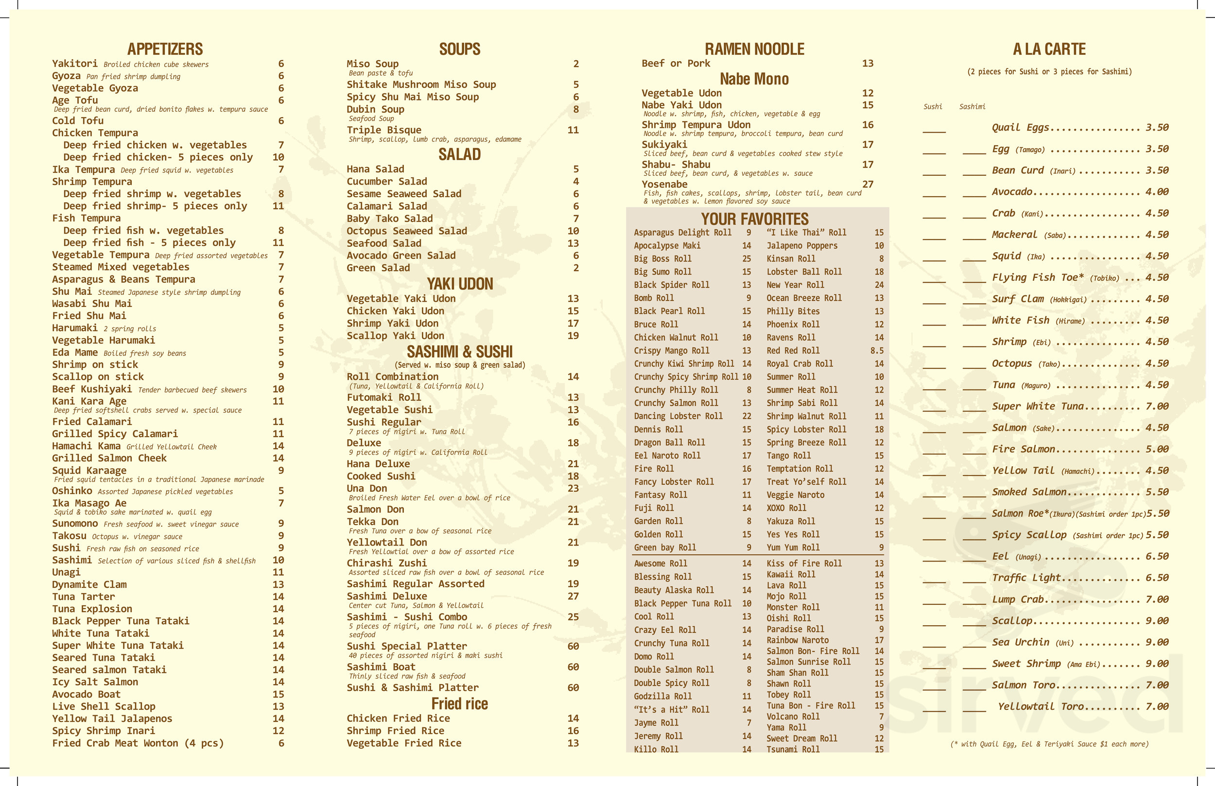 Sushi Hana menu in Baltimore, Maryland, USA