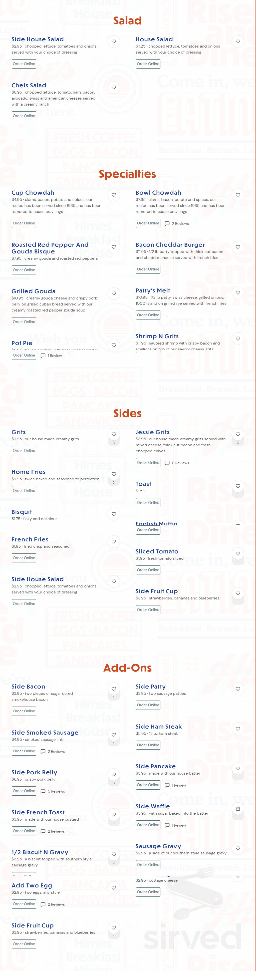 Himes Breakfast House menu in Tampa, Florida, USA